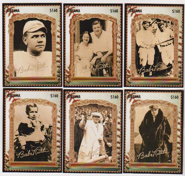 6 Different Babe Ruth 1996 Guyana $160 Stamp Trading Cards W/ Facsimile ...