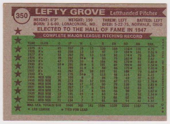 1976 Topps Lefty Grove #350 Card - HOF'er | Property Room