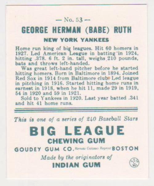1933 Goudey Babe Ruth #53 Reprint Baseball Card | Property Room
