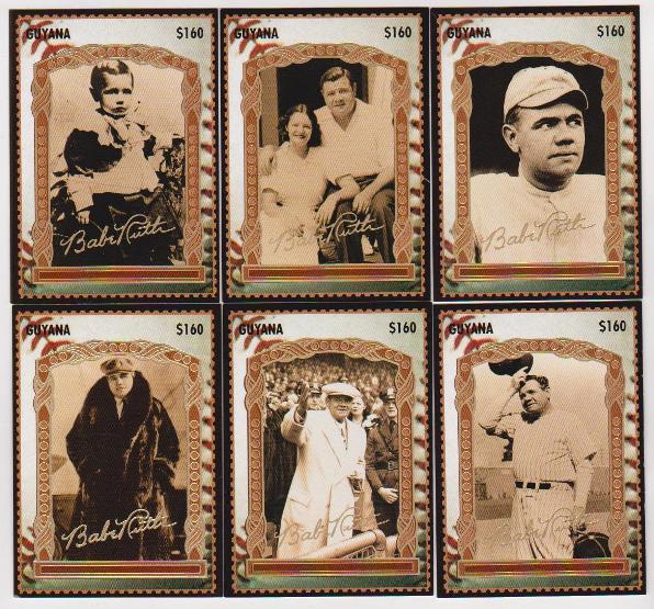 6 Different Babe Ruth 1996 Guyana $160 Stamp Trading Cards W/ Facsimile ...