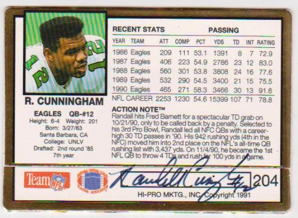 Signed - 1991 Action Packed RANDALL CUNNINGHAM - All-Pro Autograph ...