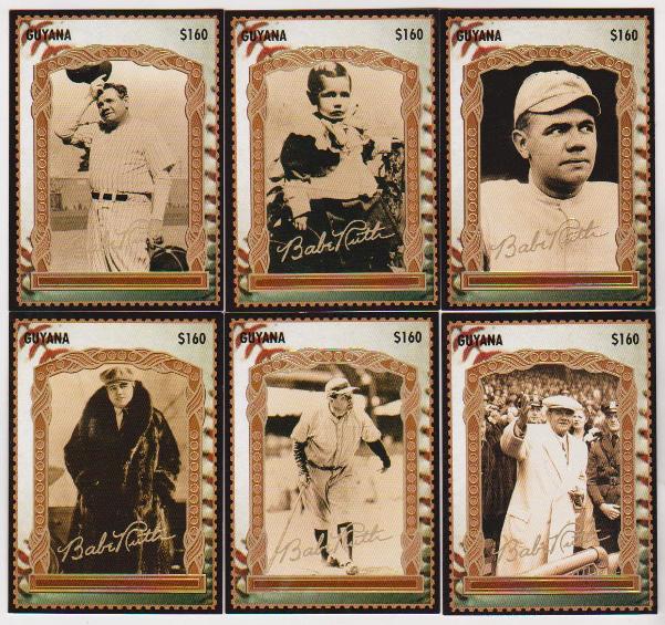 6 Different Babe Ruth 1996 Guyana $160 Stamp Trading Cards W/ Facsimile ...
