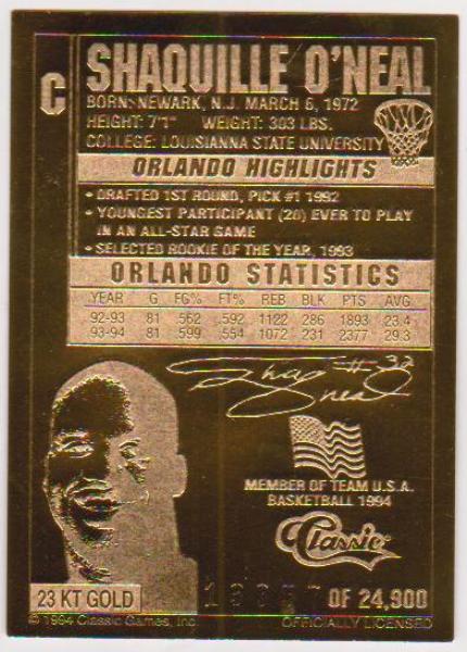 23 kt Gold - Shaquille O'Neal 1994 Classic Gold Card (1/24,900 ...