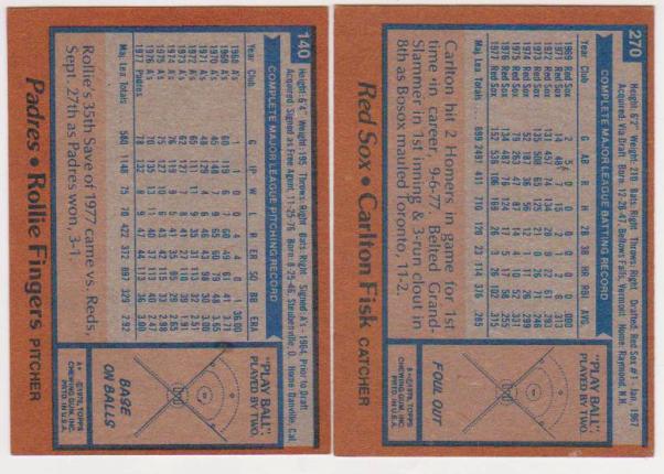 1978 Topps Carlton Fisk #270 + Rollie Fingers #140 Card - HOF'ers ...