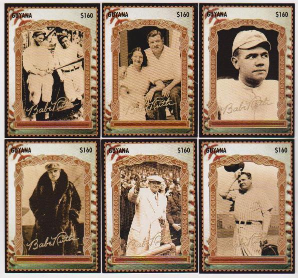 6 Different Babe Ruth 1996 Guyana $160 Stamp Trading Cards W/ Facsimile ...