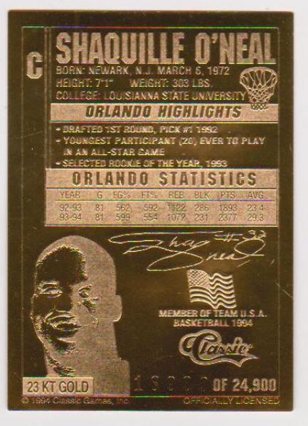 23 kt Gold - Shaquille O'Neal 1994 Classic Gold Card (1/24,900 ...