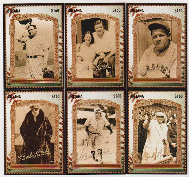 6 Different Babe Ruth 1996 Guyana $160 Stamp Trading Cards W/ Facsimile ...