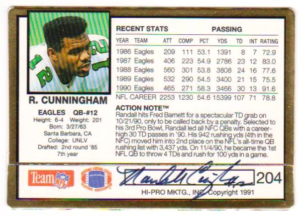 Signed Randall Cunningham 1991 Action Packed - All-Pro Autograph ...