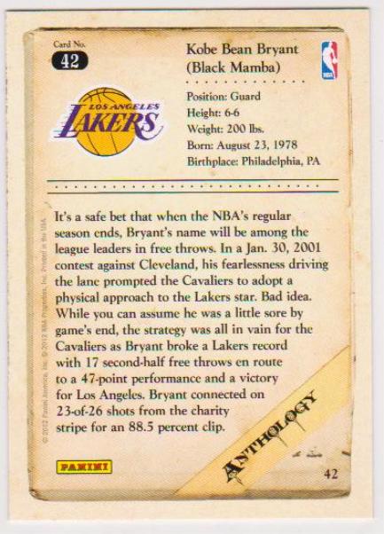 Kobe Bryant 2012 Panini Anthology #42 Card | Property Room