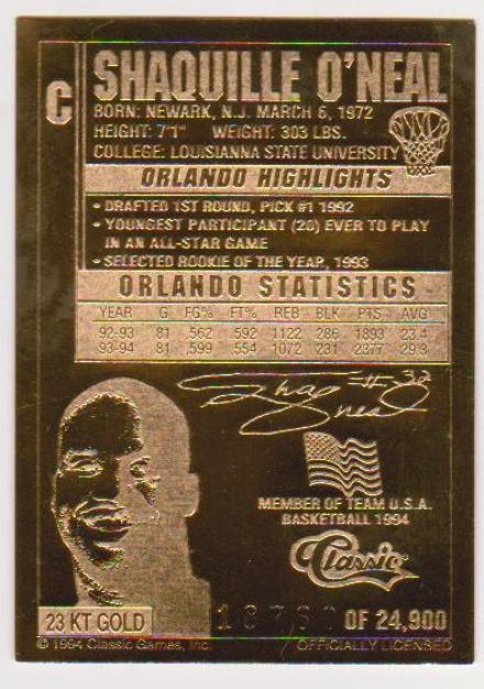 23 kt Gold - Shaquille O'Neal 1994 Classic Gold Card (1/24,900 ...