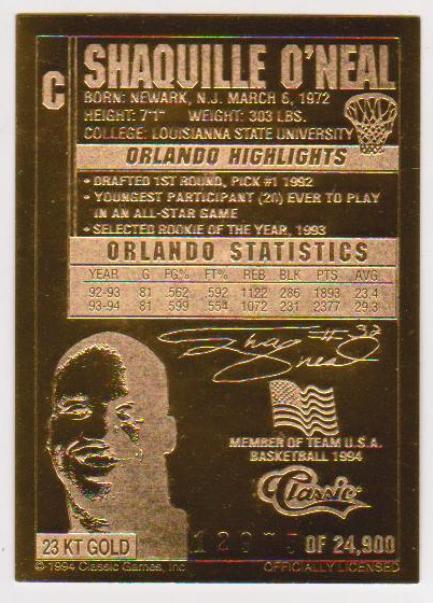 23 kt Gold - Shaquille O'Neal 1994 Classic Gold Card (1/24,900 ...
