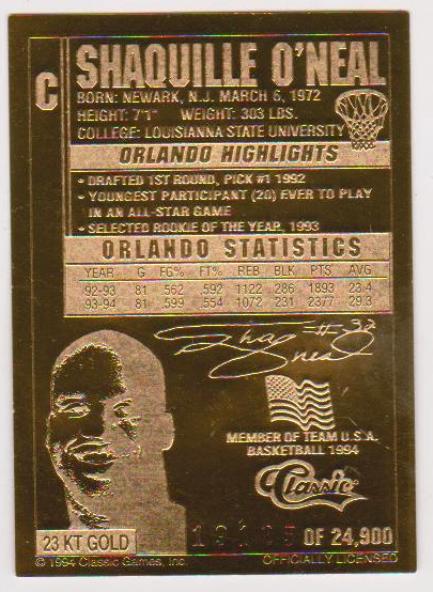 23 kt Gold - Shaquille O'Neal 1994 Classic Gold Card (1/24,900 ...