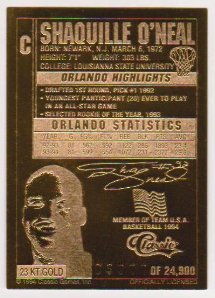 23 kt Gold - Shaquille O'Neal 1994 Classic Gold Card (1/24,900 ...