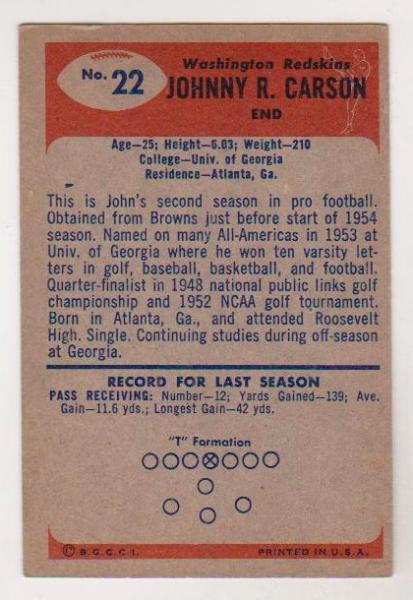 1955 Bowman Football Johnny Carson #22 Card | Property Room
