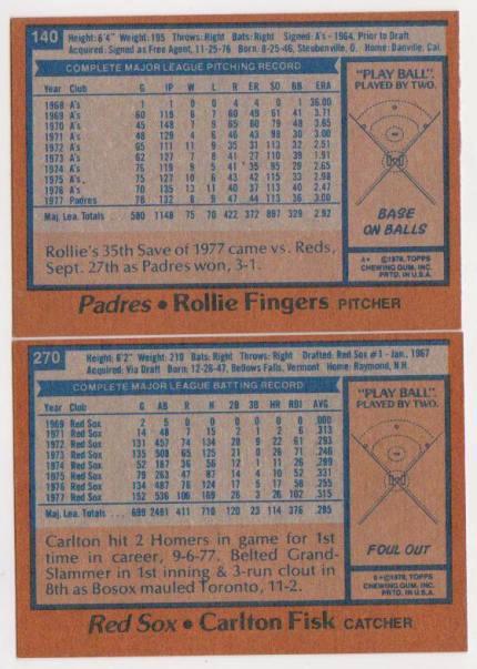 1978 Topps Carlton Fisk #270 + Rollie Fingers #140 Card - HOF'ers ...