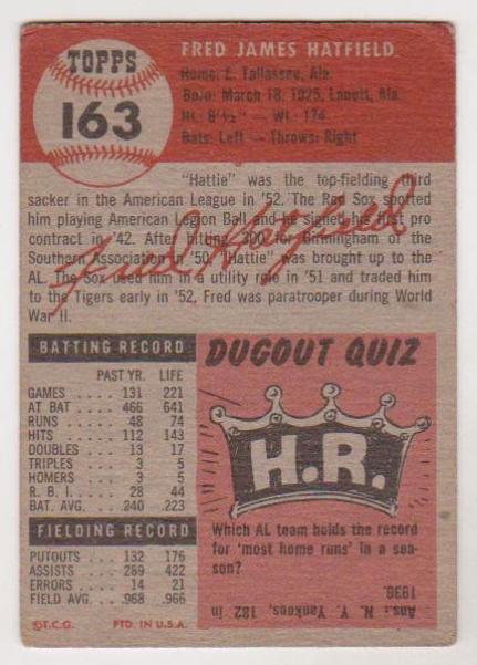 1953 Topps Baseball Fred Hatfield #163 Card | Property Room