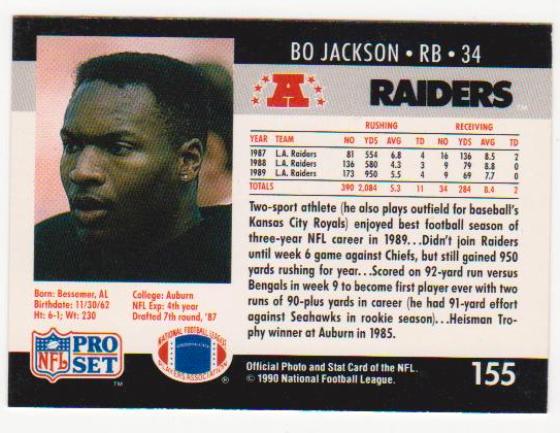 Wrong Front Error Bo Jackson 1990 Pro Set Football Card | Property Room