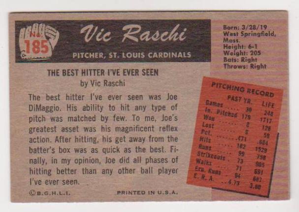 1955 Bowman Baseball Vic Raschi #185 Card - St. Louis Cardinals ...