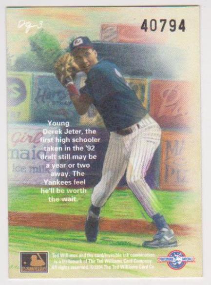 Derek Jeter Rookie - 1994 Ted Williams Company Gardiner Collection #DG-3 Dan Gardiner Insert ...