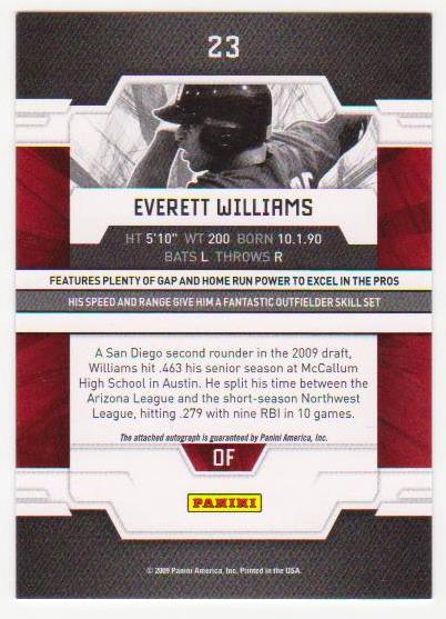 #203/799 Produced - Everett Williams 2009 Donruss Elite Extra Edition #23 Certified Autographed ...