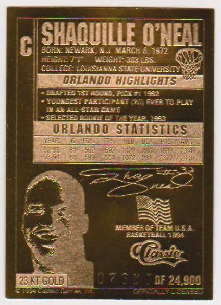 23 kt Gold - Shaquille O'Neal 1994 Classic Gold Card (1/24,900 ...