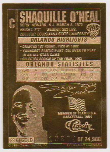 23 kt Gold - Shaquille O'Neal 1994 Classic Gold Card (1/24,900 ...