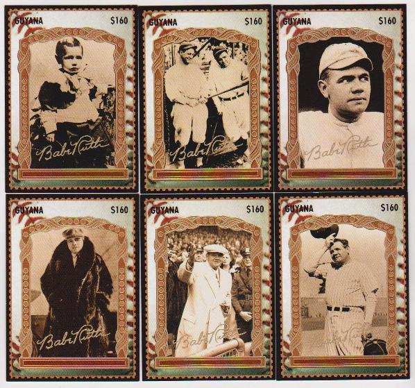 6 Different Babe Ruth 1996 Guyana $160 Stamp Trading Cards W/ Facsimile ...