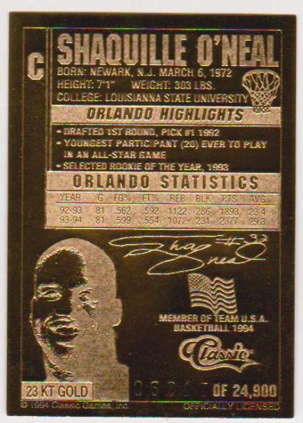 23 kt Gold - Shaquille O'Neal 1994 Classic Gold Card (1/24,900 ...