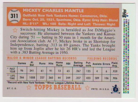 Mickey Mantle 1952 Topps #311 Rookie Commemorative Card - 2006 Topps ...