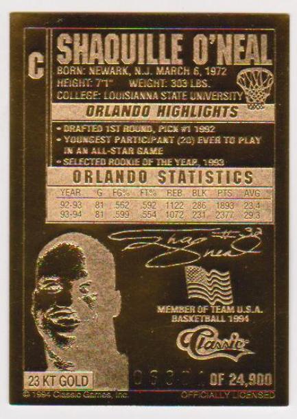 23 kt Gold - Shaquille O'Neal 1994 Classic Gold Card (1/24,900 ...