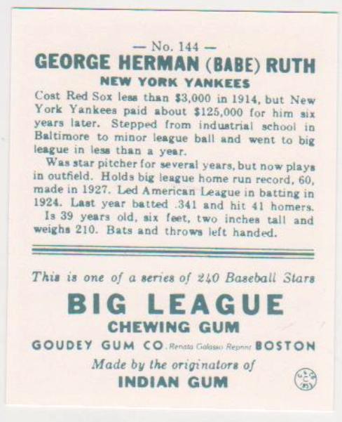 1933 Goudey Babe Ruth #144 Reprint Baseball Card | Property Room