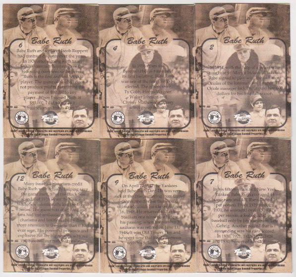 6 Different Babe Ruth 1996 Guyana $160 Stamp Trading Cards W/ Facsimile ...