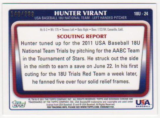 #140/299 Produced - Hunter Virant 2011 Bowman Chrome #18U-24 Certified ...