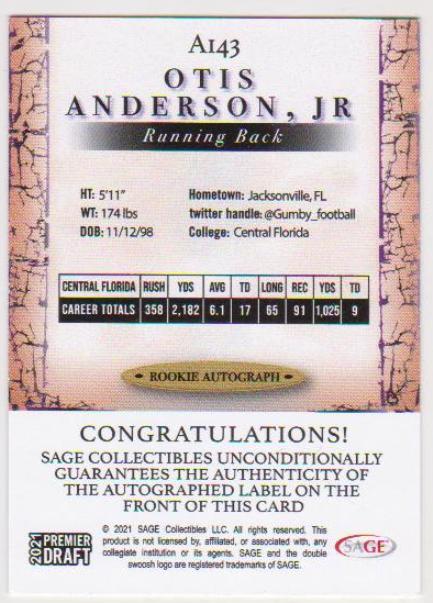 Signed Rookie - Otis Anderson, Jr. 2021 Sage Premier Draft Certified ...