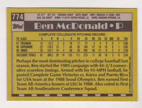 Signed - BEN MCDONALD 1990 Topps Rookie Card - #1 Draft Pick Autograph ...
