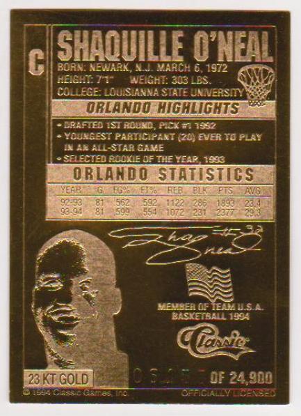 23 kt Gold - Shaquille O'Neal 1994 Classic Gold Card (1/24,900 ...