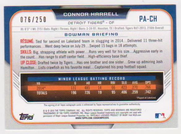#76/250 Produced - Connor Harrell 2015 Bowman Chrome Purple Parallel ...