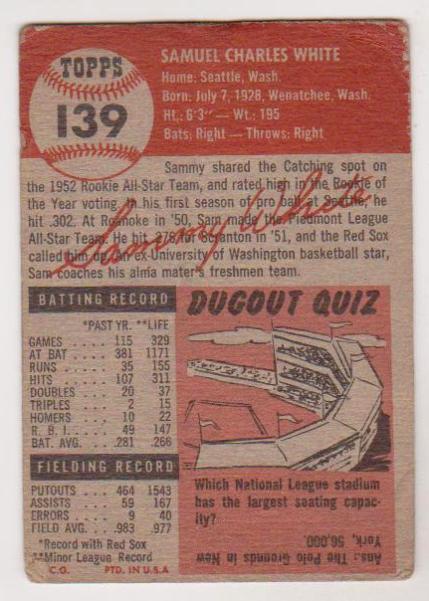 1953 Topps Baseball Sammy White #139 Card | Property Room