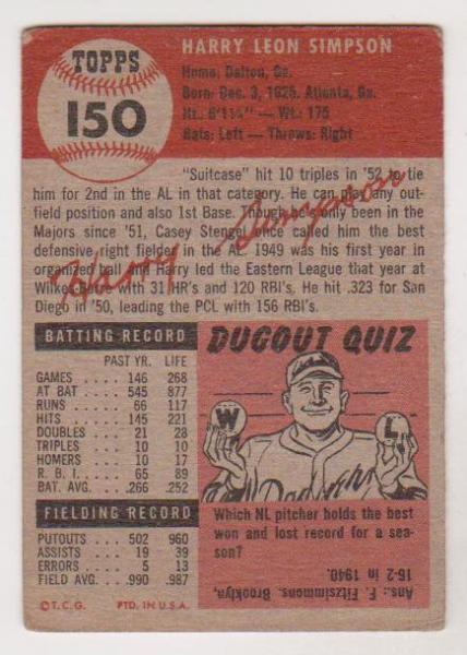 1953 Topps Baseball Harry Simpson #150 Card | Property Room