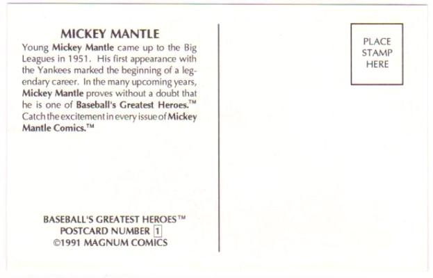 MICKEY MANTLE Unused Postcard - 1991 Magnum Comics Postcard #1 - HOF'er ...