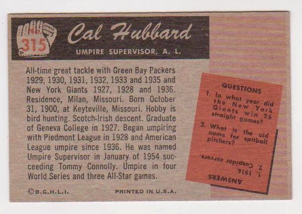 1955 Bowman Cal Hubbard #315 Umpire Supervisor Card | Property Room