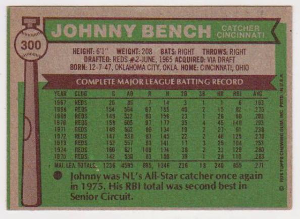 1976 Topps Johnny Bench #300 Card - HOF'er | Property Room