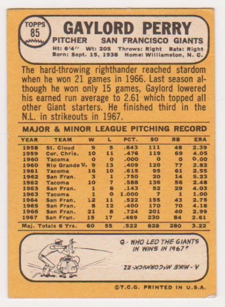 1968 Topps Gaylord Perry #85 Card - HOF'er | Property Room
