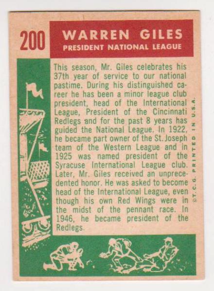 1959 Topps Warren Giles National League President #200 Baseball Card ...
