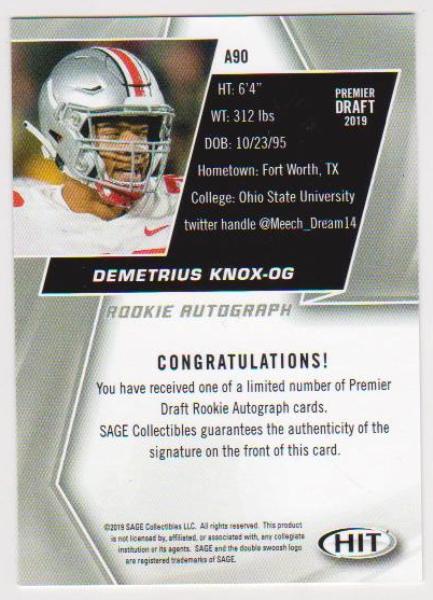 Signed Rookie - Demetrius Knox 2019 Sage Hit Certified Autograph #A90 ...
