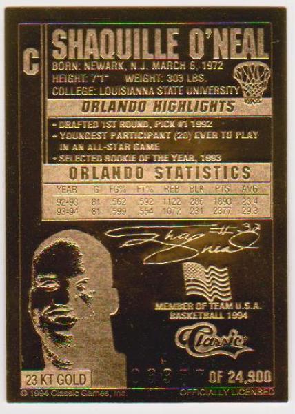23 kt Gold - Shaquille O'Neal 1994 Classic Gold Card (1/24,900 ...