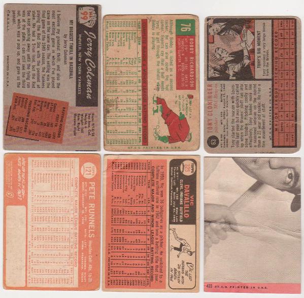 6 Different 1950's/1960's Topps/Bowman Baseball Cards w/ Bobby ...