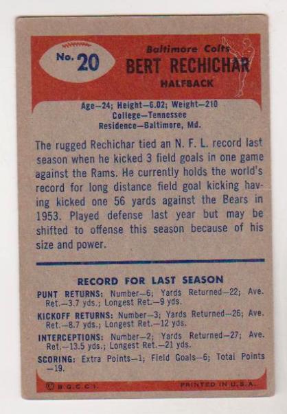 1955 Bowman Football Bert Rechichar #20 Card | Property Room