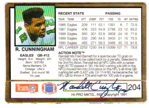 Signed - 1991 Action Packed RANDALL CUNNINGHAM - All-Pro Autograph ...