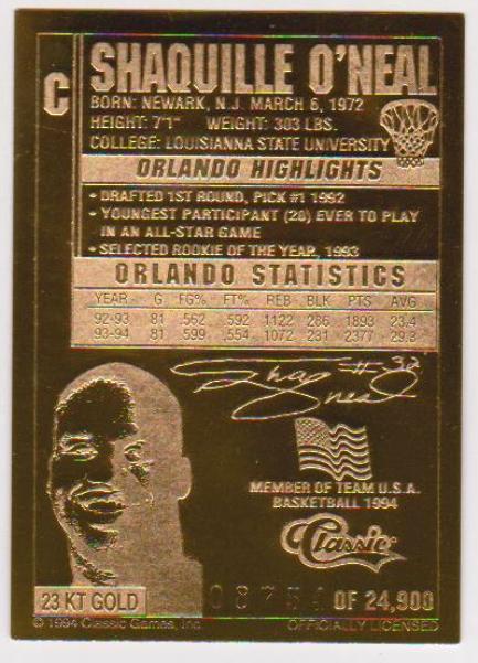 23 kt Gold - Shaquille O'Neal 1994 Classic Gold Card (1/24,900 ...